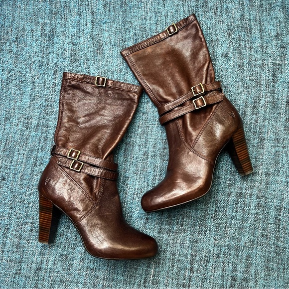 Frye | Shoes | Frye Miranda Slouch Heeled Leather Boots In Dark Brown ...